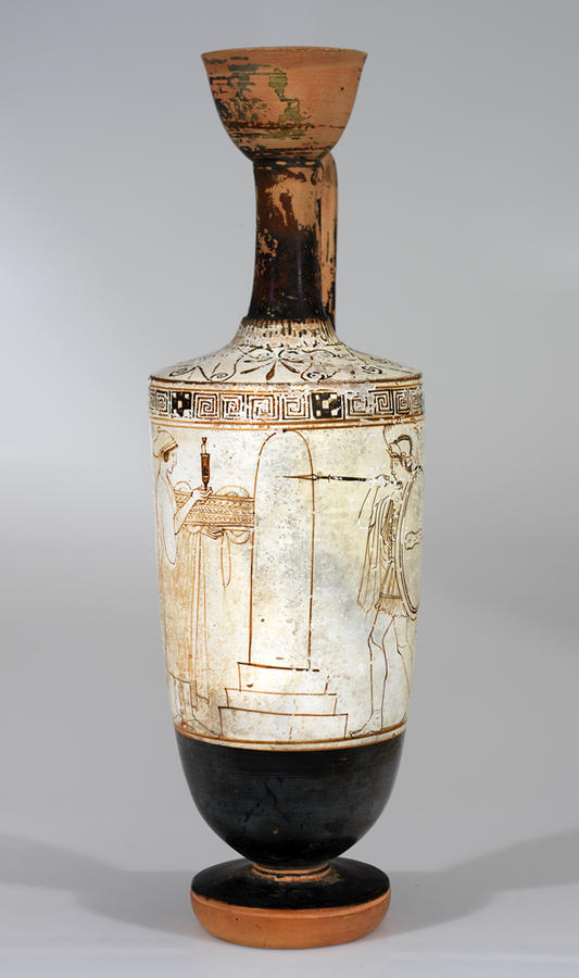 Oil flask (lekythos) depicting a visit to the grave | RISD Museum