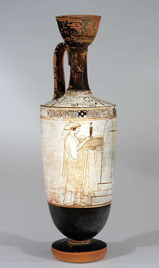 Oil flask (lekythos) depicting a visit to the grave | RISD Museum