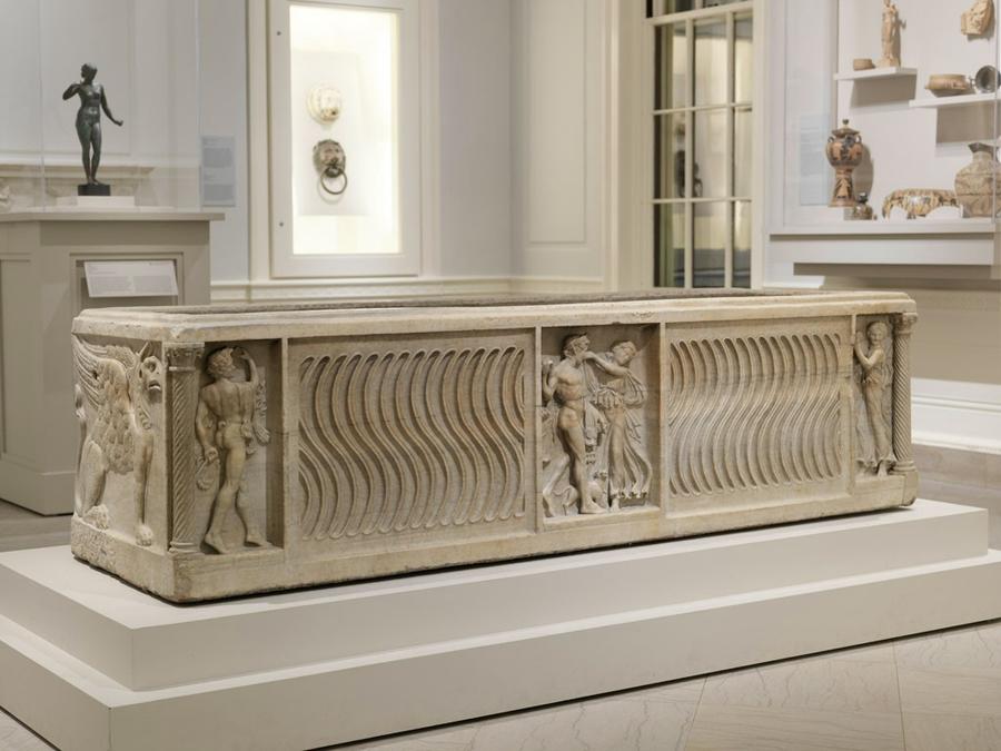 Strigilated sarcophagus with carved panels of satyrs and maenads | RISD ...